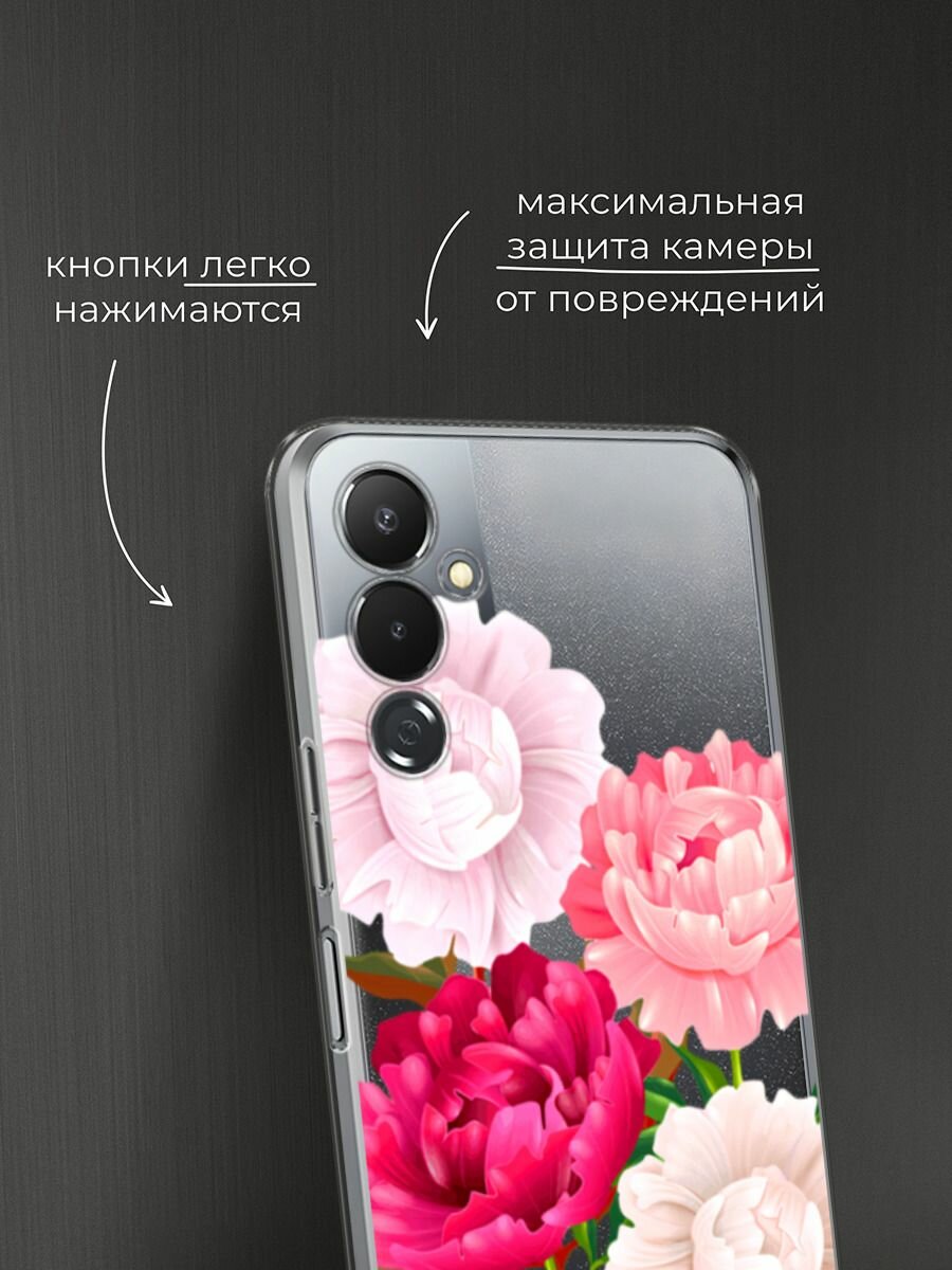 Чехол на Tecno Pova 4 / Текно Пова 4 с принтом "Большие пионы", прозрачный — фото 1