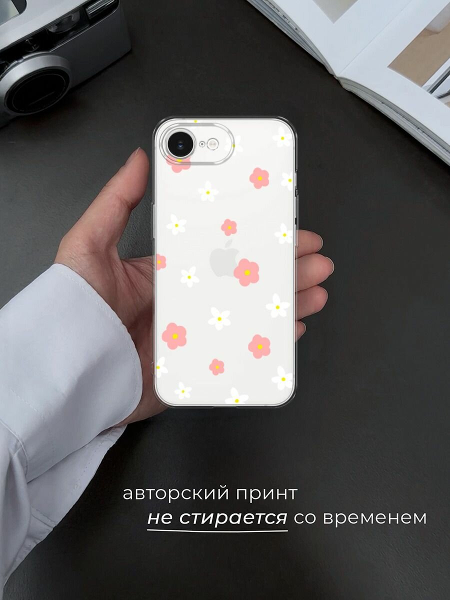 Чехол на Apple iPhone 16e/17e / Айфон 16е/17e с принтом "Розовые и белые цветы", прозрачный — фото 1