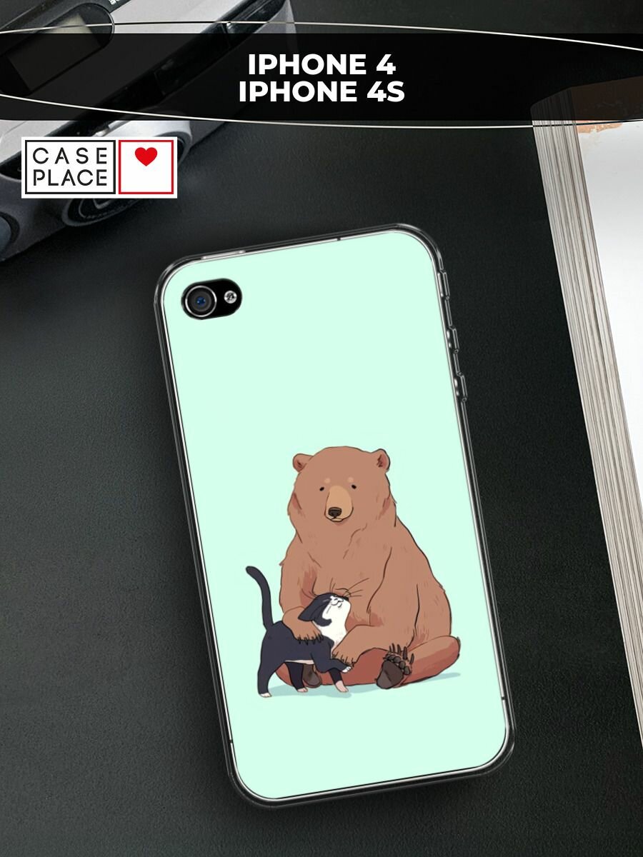 Чехол на Apple iPhone 4/4S / Айфон 4/4S с принтом "Медведь и кошка дружба"