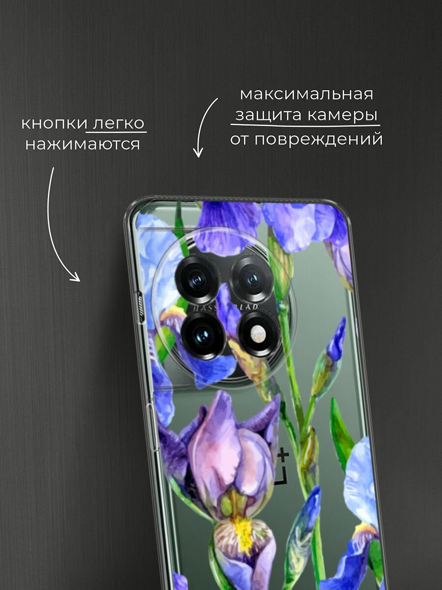 Чехол на OnePlus 11 / Ван Плас 11 с принтом "Синие ирисы", прозрачный — фото 1