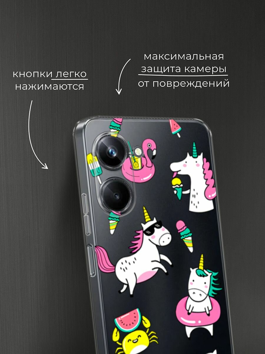 Чехол на Realme 10 Pro / Реалми 10 Про с принтом "Единороги в отпуске", прозрачный — фото 1