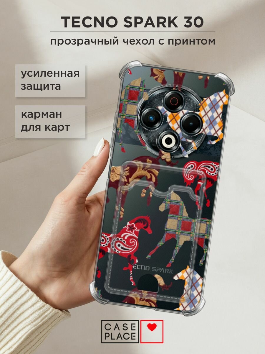 Чехол на Tecno Spark 30 (Текно Спарк 30) с картой и принтом "Паттерн лошади"