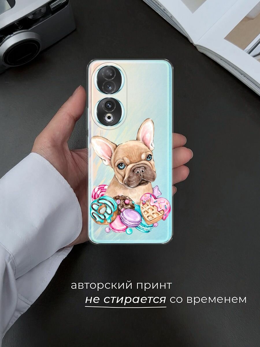 Чехол на Honor 90 / Хонор 90 с принтом "Бульдог и сладости", прозрачный — фото 1