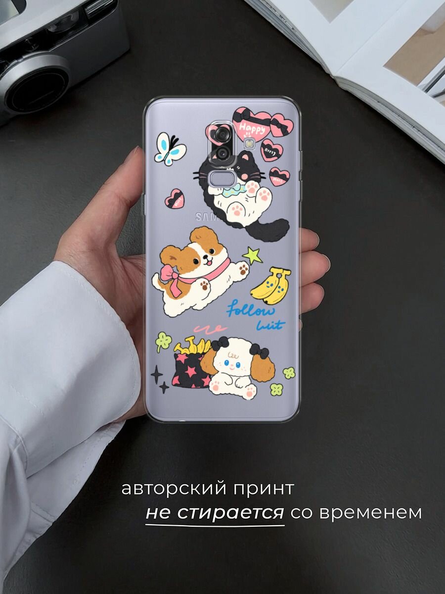 Чехол на Samsung Galaxy J8 / Самсунг Галакси Джей 8 с принтом "Кудрявые животные", прозрачный — фото 1