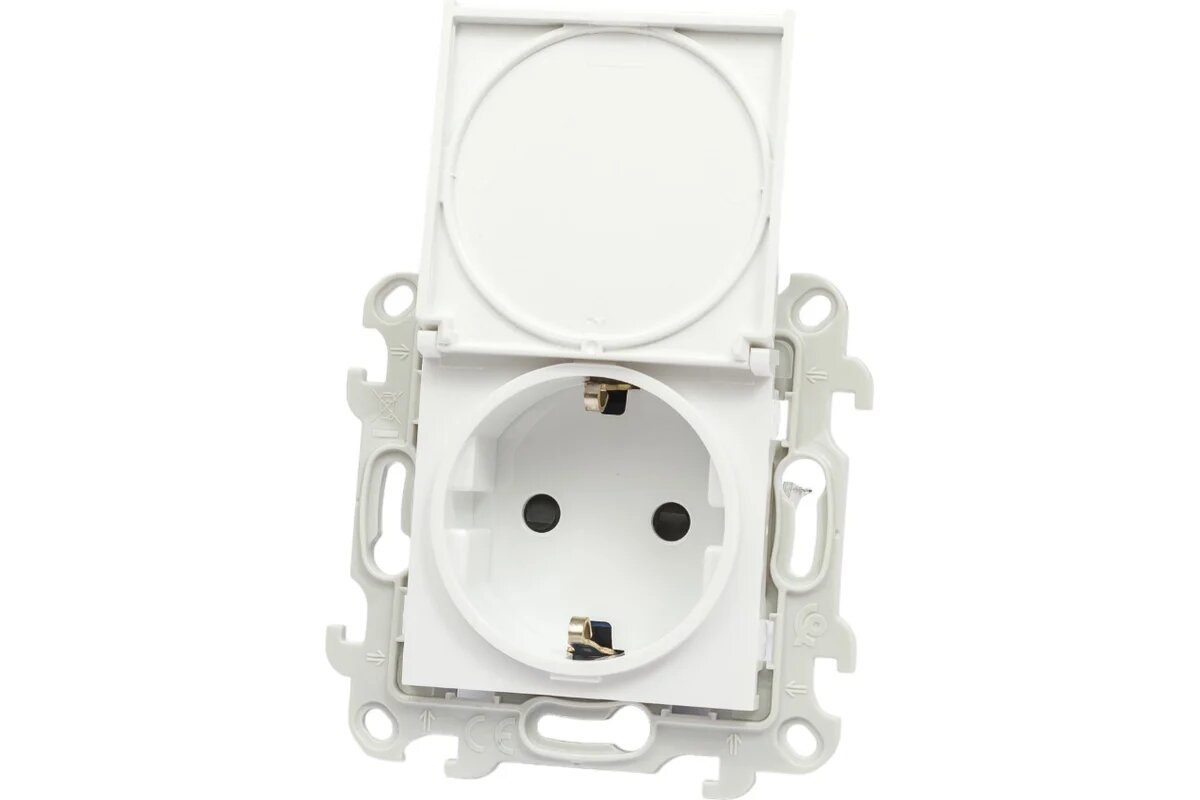 Розетка влагозащищенная IP44 с заземлением, шторками, крышкой, белая Simon 24 Harmonie 2450448-030