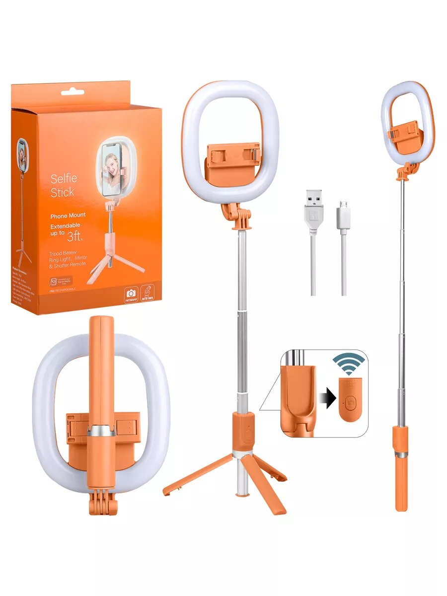 Селфи кольцо R10 с лампой , цвет оранжевый / ISA/ с держателем для телефона