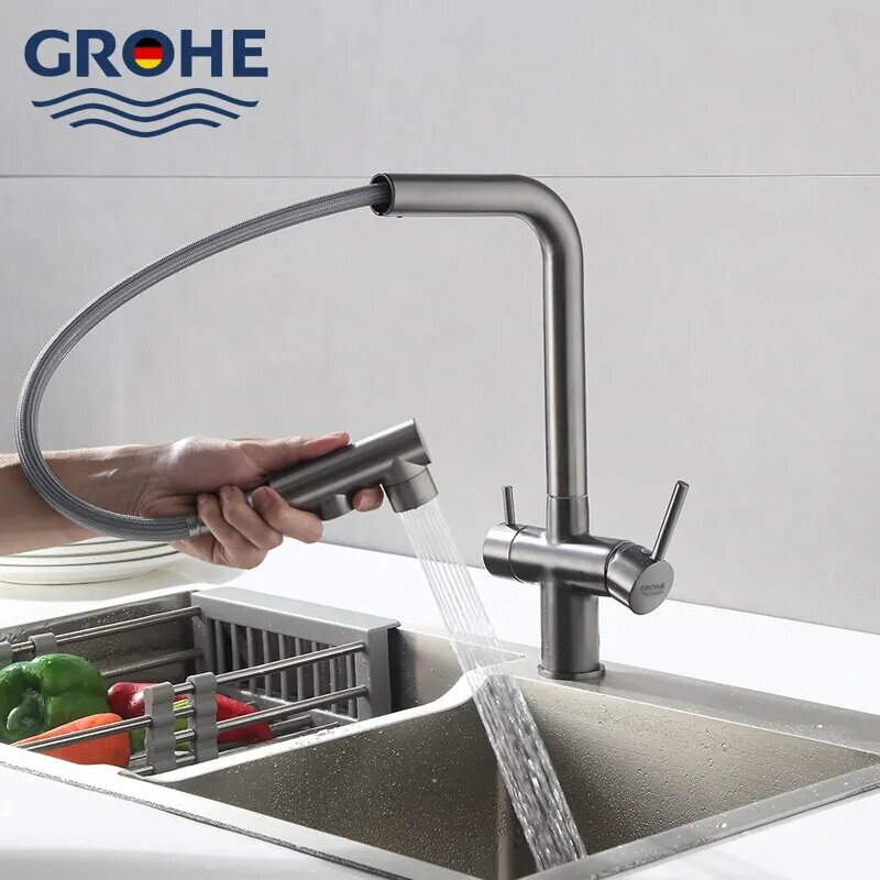 Смеситель для кухни GROHE с подключением к фильтру питьевой воды и гибким выдвижным механизмом, металлический серый
