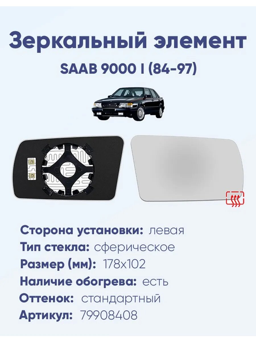 Зеркальный элемент левый SAAB 9000 I (84-97) сфера нейтральный с обогревом