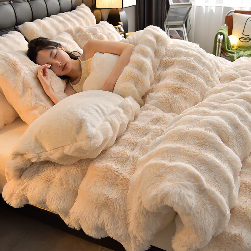 Комплект постельного белья из кроличьего флиса из четырех частей, пододеяльник из молочного флиса, зимняя утолщенная простыня из кораллового флиса, пододеяльник, комплект постельного белья из трех частей на флисовой подкладке,200*230cm