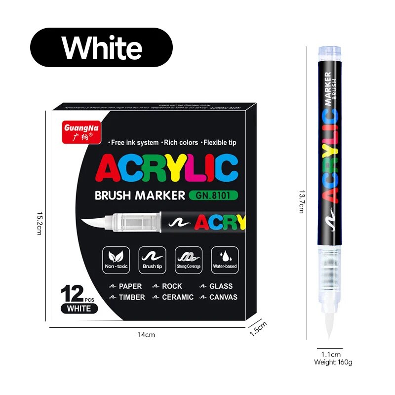 Акриловые маркеры GN12-120, 12 цветов Белый, White -12 colors