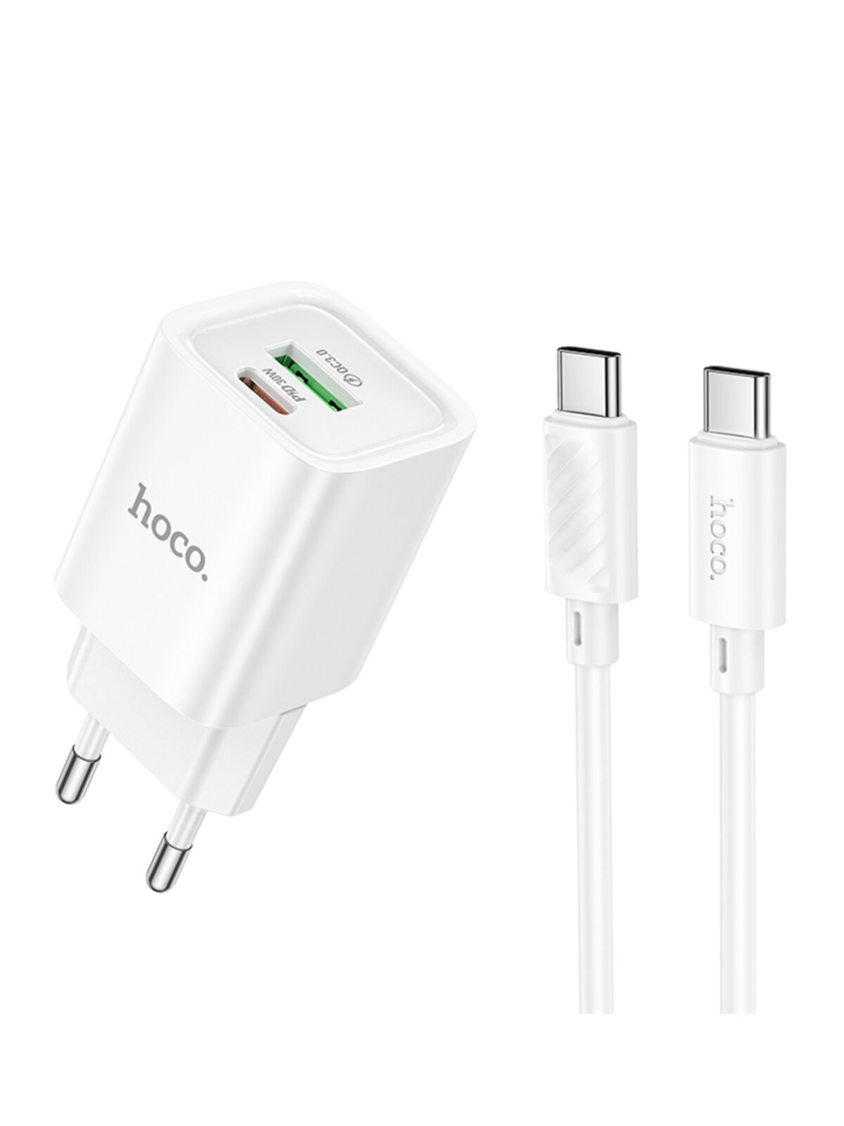 Сетевое зарядное устройство Hoco C149A с двумя портами USB-C/USB-A, быстрая зарядка 30W, с кабелем Type-C 1м, белый