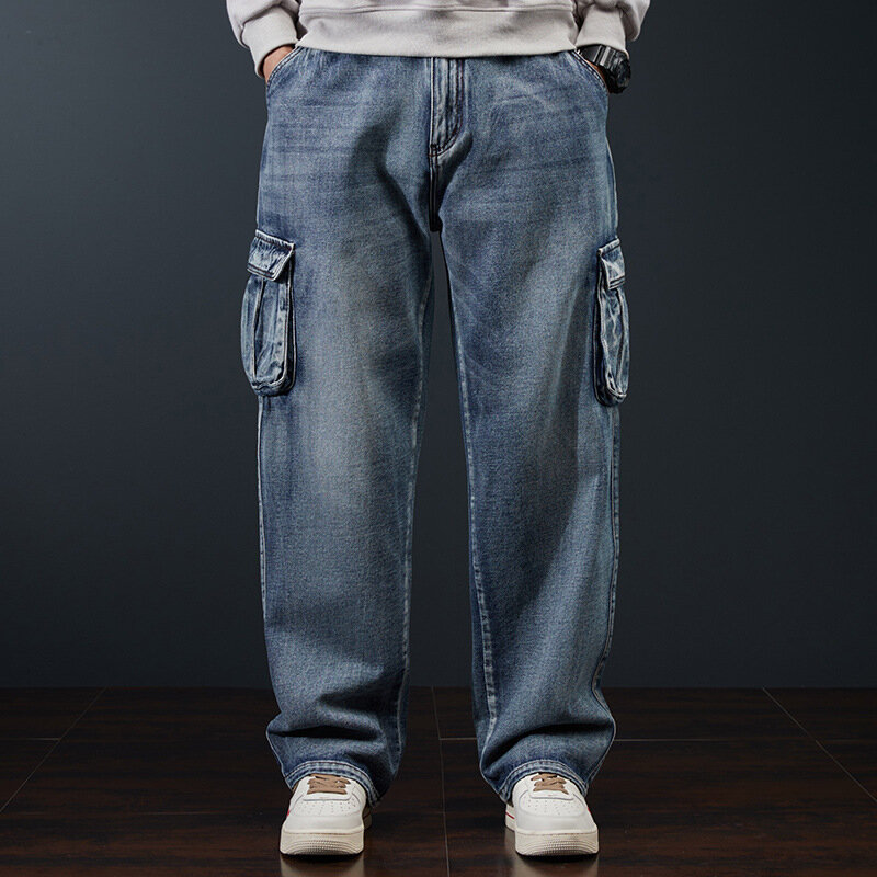 Охоты Брюки JYL Чистый цвет Иностран. торговля штаны Ami Kaji хип-хоп муж. ностальг. ретро мн. отверст. карманы толст. муж. раб. одежда скейтборд широк. нога штаны муж. прямой рукавСиний/42