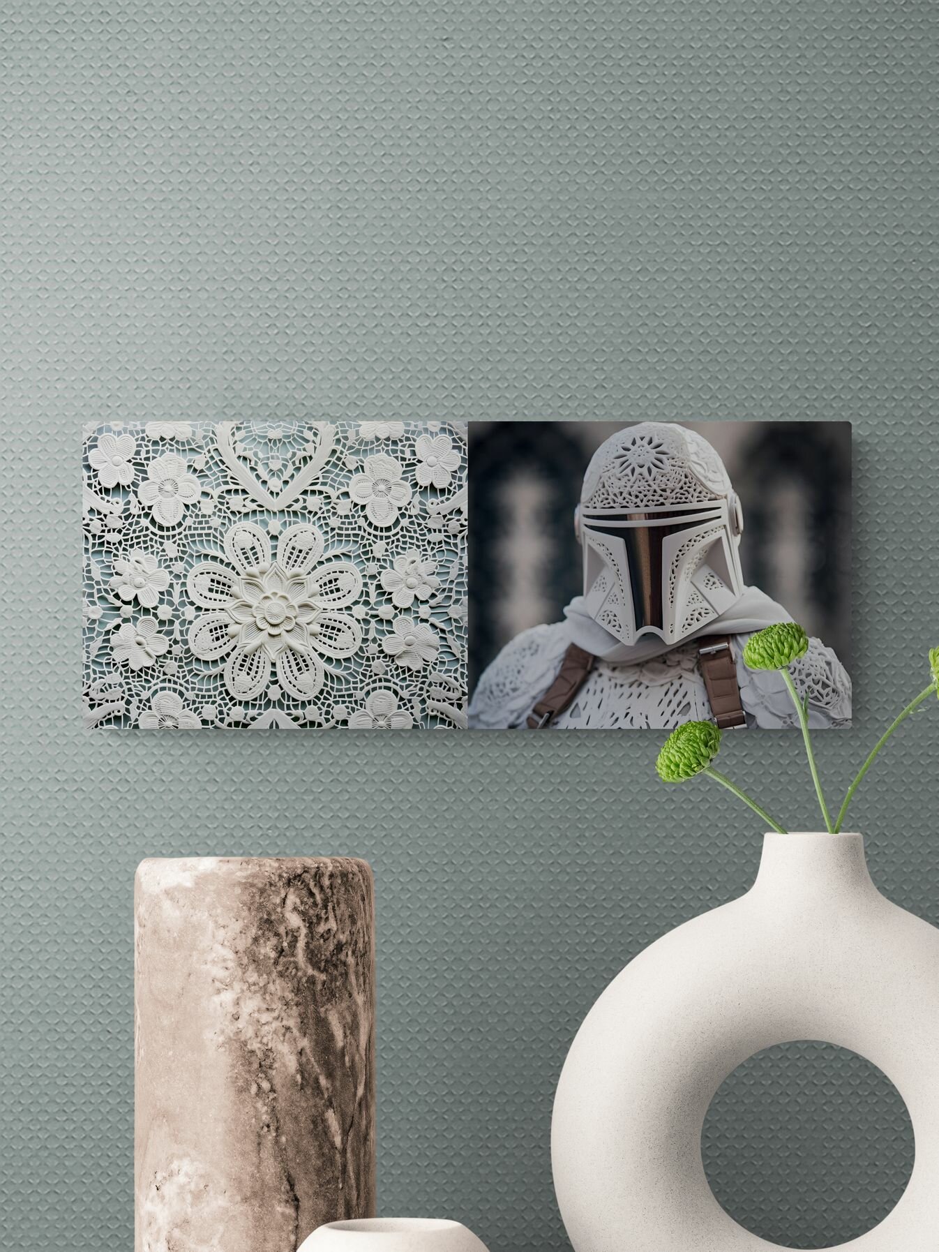 Картина 50х20 с дройдом из Звездных Войн с в сочетании с русскими узорами "Вологодские кружева"