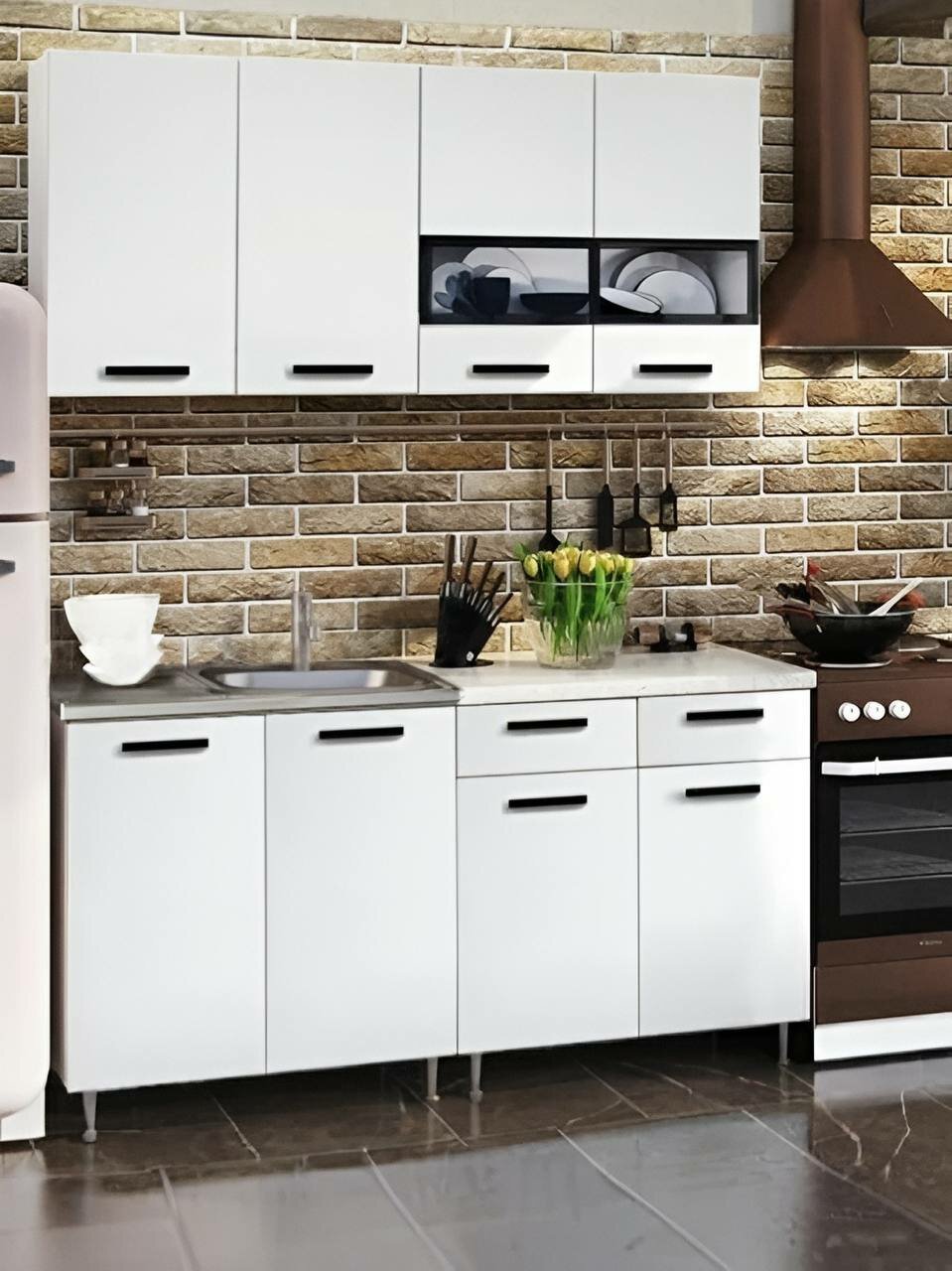 Кухонный гарнитур 1.6м Рио белый глянец/белый со столешницей, МИФ