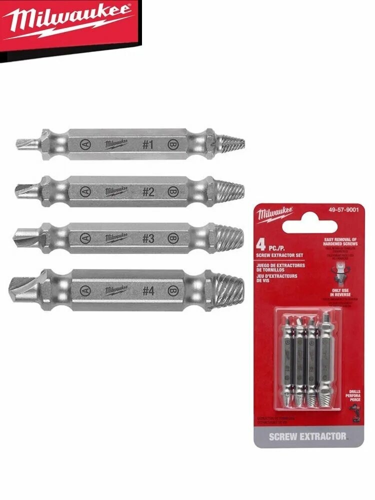 Milwaukee 49-57-9001 M2 Steel Screw Extractor Set 4PC Высокая твердость и долговечность Инструментальные принадлежности