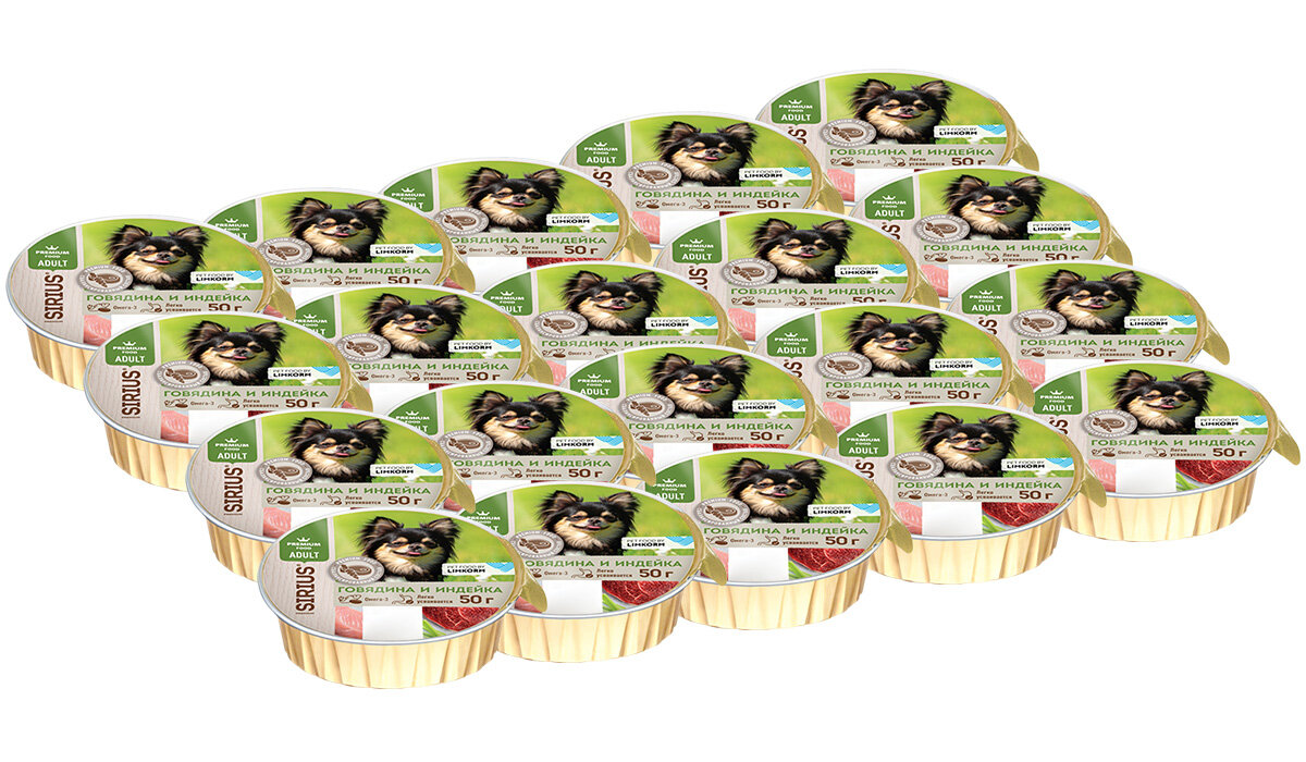 Корм влажный Sirius для взрослых собак, мясной рацион фарш, 850 г х 6 шт