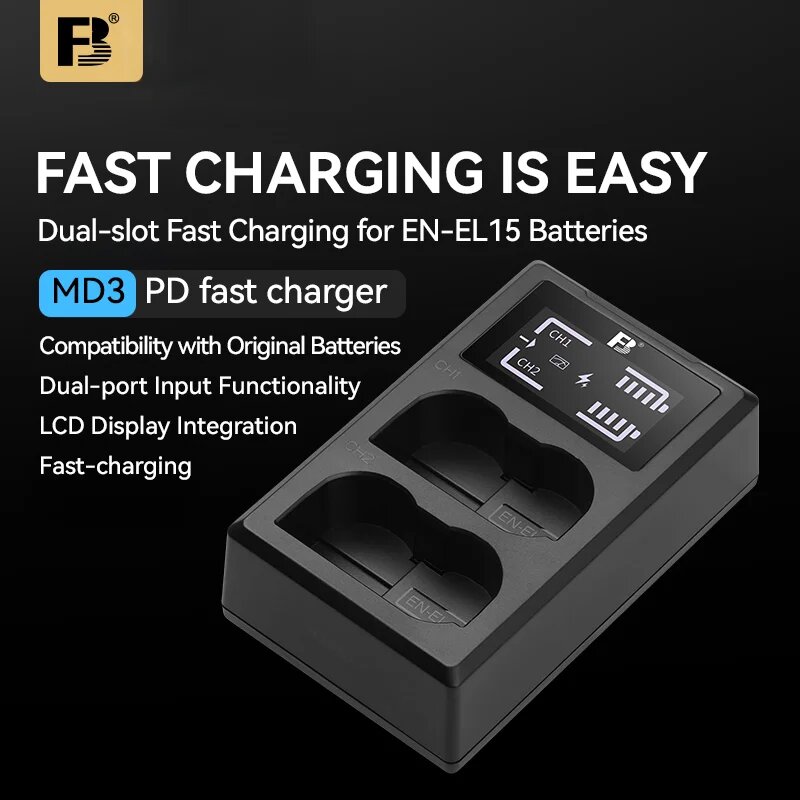 Быстрое зарядное устройство FB для аккумуляторов Nikon EN-EL15 Z5 Z6 Z7 D7000 D7500 D750, аккумулятор для камеры, два слота, 0,6 ч, быстрая зарядка с ЖК-экраном