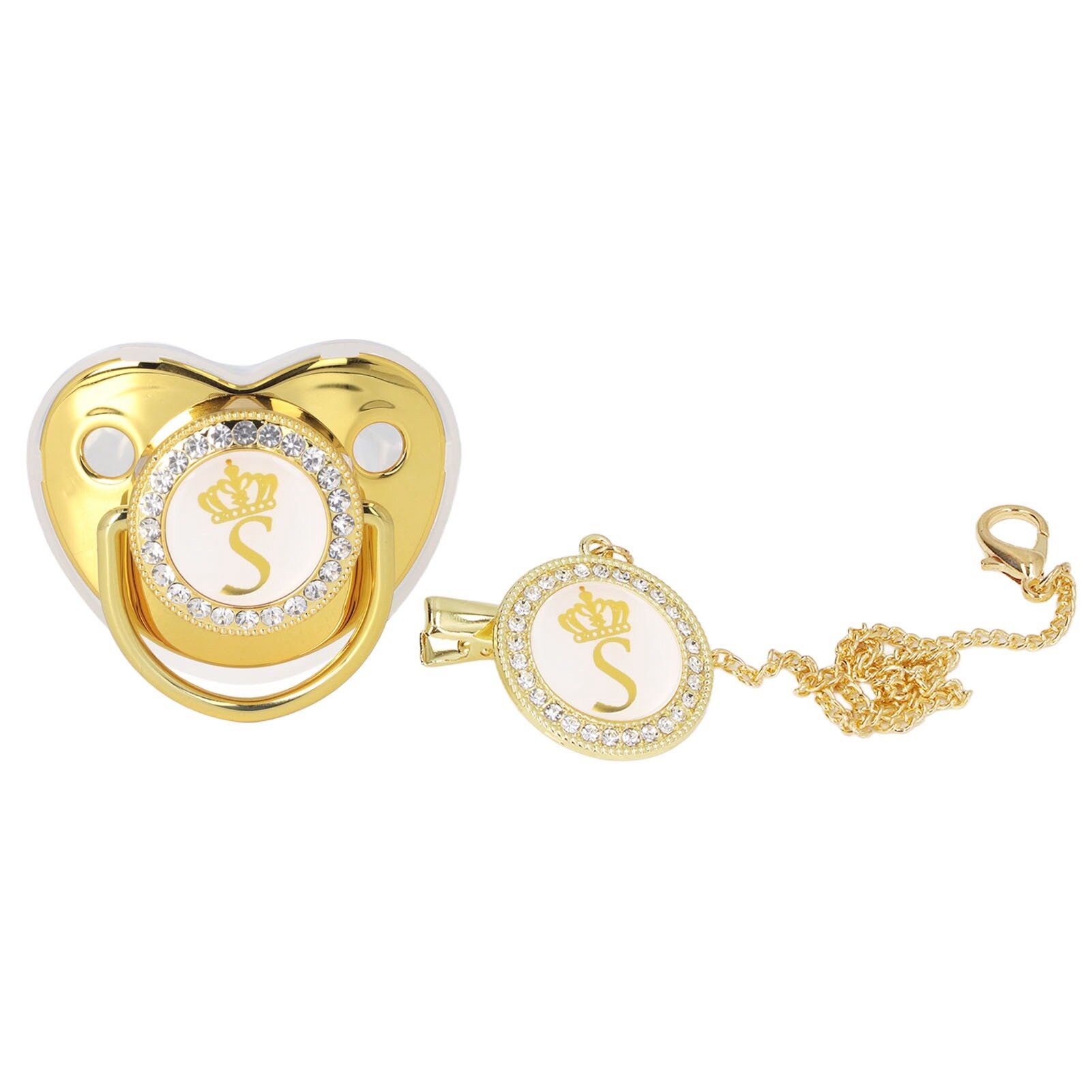 Baby Pacifier Infant Portable Exquisite Golden Crown Letter Rhinestone with Chain Clip S