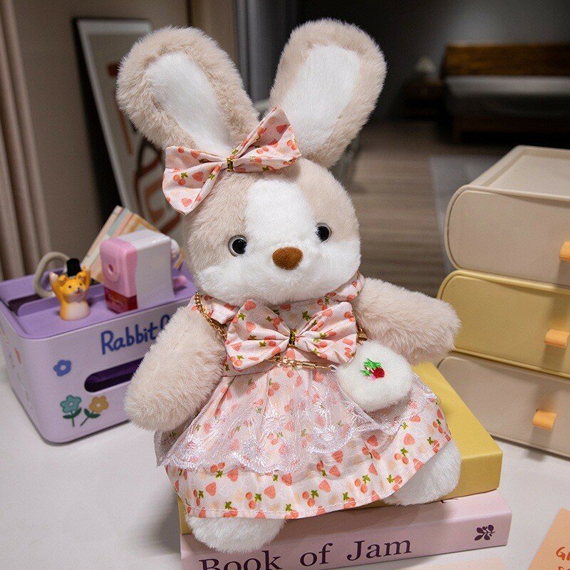 Bunny plush stuffed toy in dress for birthday gift and child's room decor