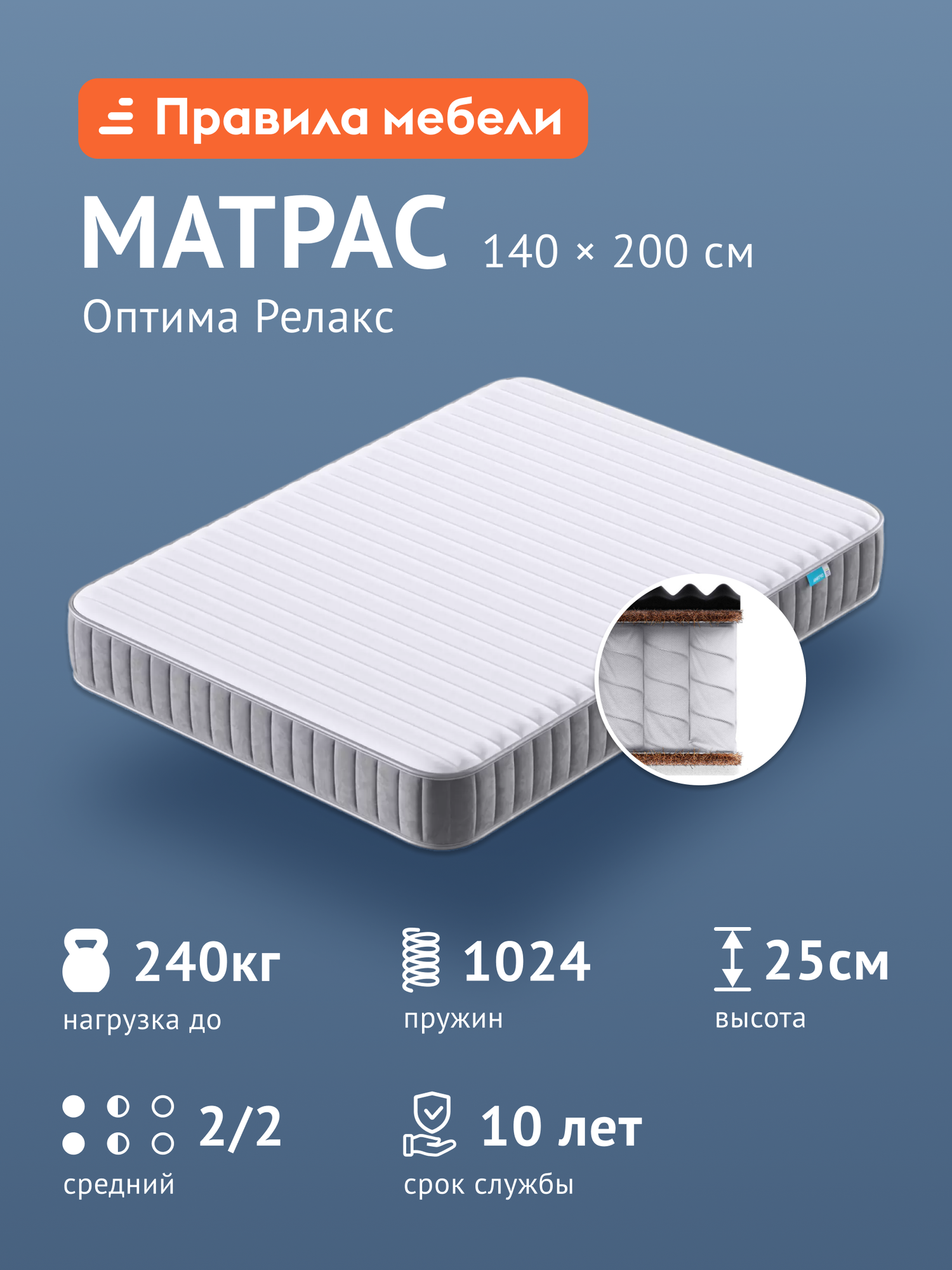 Анатомический, пружинный матрас Оптима Релакс 140х200 см, независимые пружины, белый