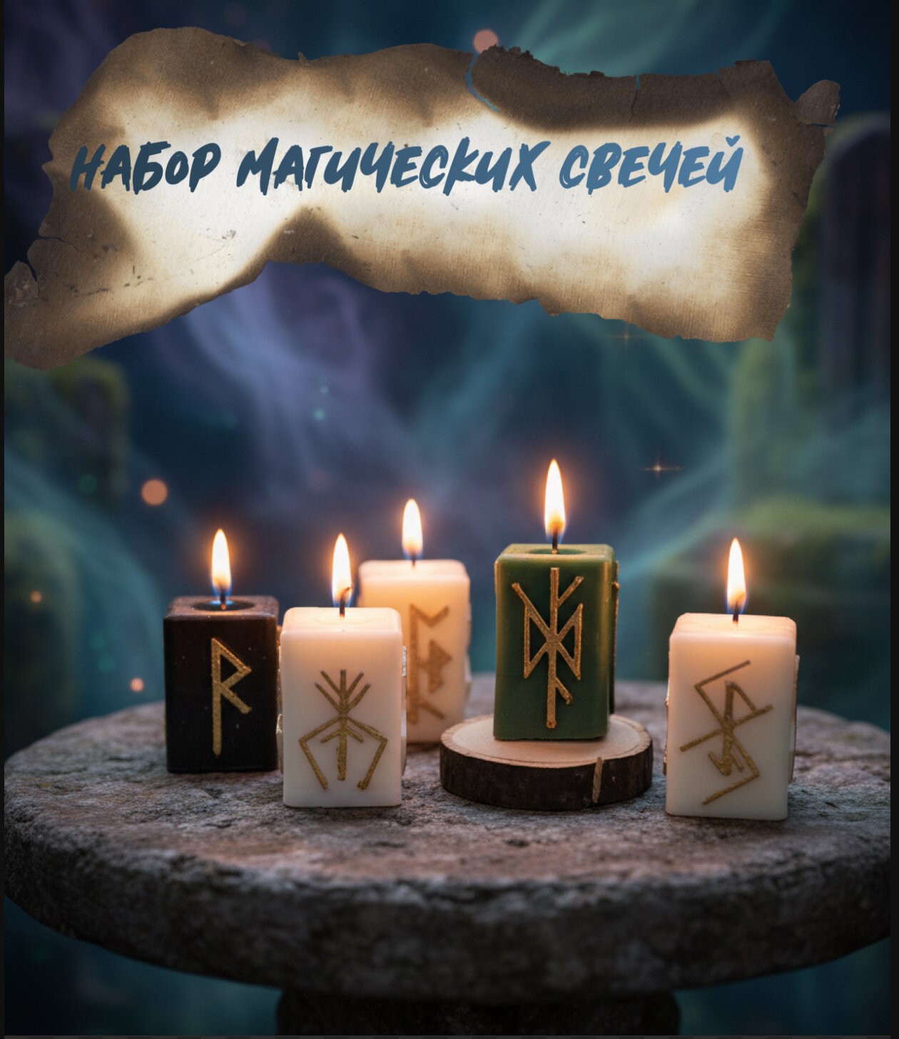 Магические свечи ручной работы с рунами, набор белый, желтый, зеленый, фиолетовый, черный
