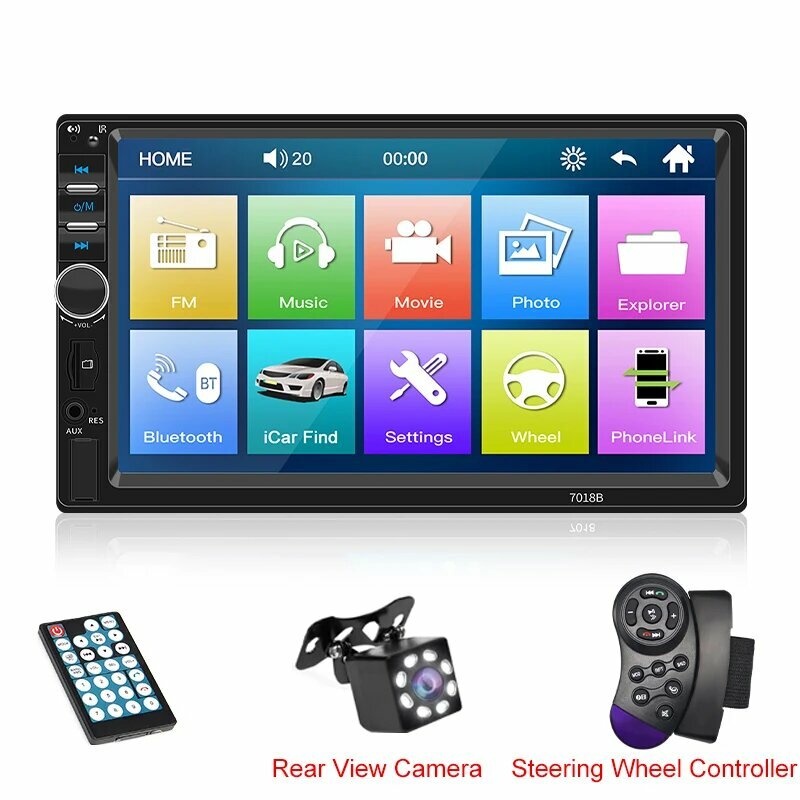 Автомагнитола 7 дюймов, универсальный MP5 мультимедийный плеер с Bluetooth, сенсорным экраном, FM, разъемом ISO, Aux, USB, MirrorLink, Типоразмер 1 Din, Control and Camera