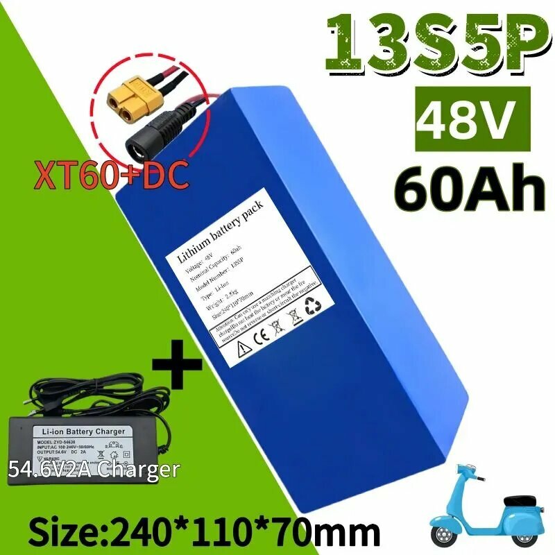 2025 Электрический велосипед высокой мощности 13S5P 48V 50ah 18650 Аккумулятор для скутера 1500 Вт + BMS Защита + Зарядное устройство