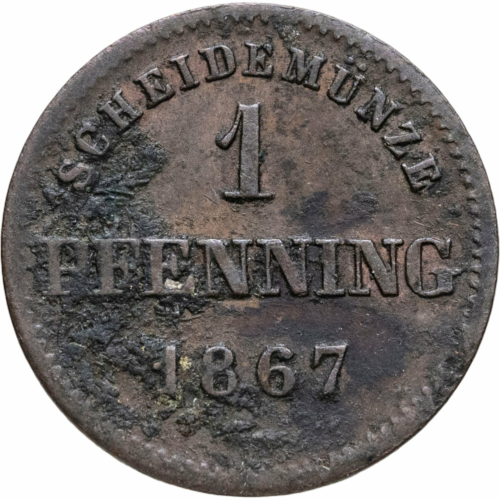 Бавария 1 пфенниг 1867, Медь, в сохранности VF-XF