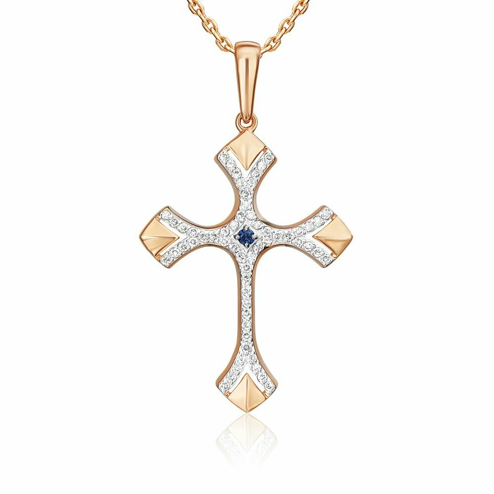 Крестик, красное золото, 585 проба, сапфир, бриллиант