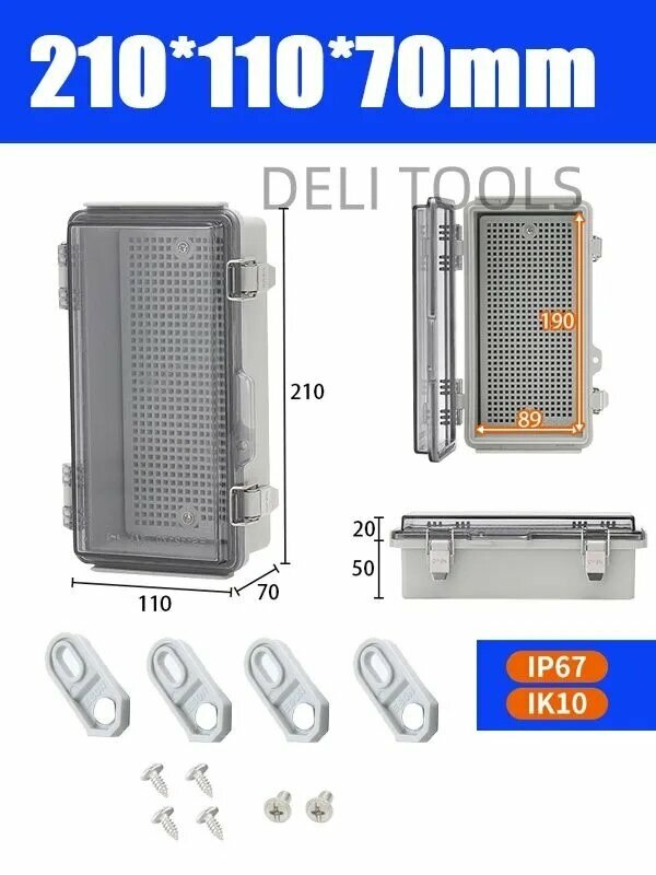 ABS Электрическая коробка, 210x110x70 мм, Водонепроницаемая прозрачная крышка IP67, Распределительная коробка с защелкой из нержавеющей стали, Настенные кронштейны