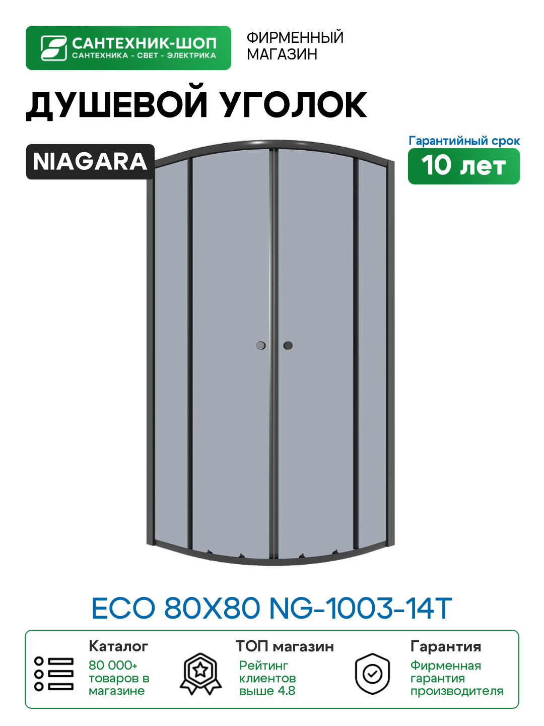 Душевой уголок Niagara Eco 80х80 NG-1003-14T профиль цвет Черный матовый стекло тонированное