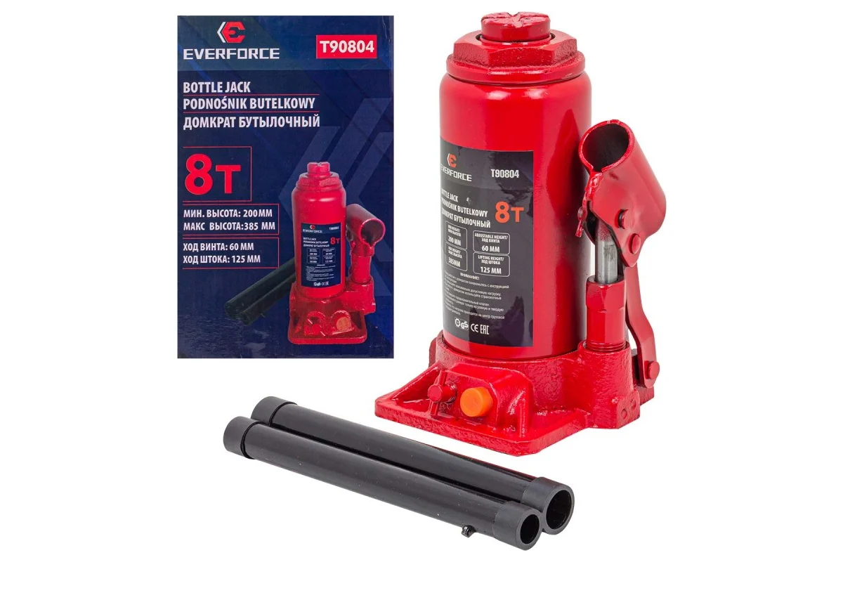 Домкрат бутылочный EverForce 8т, с клапаном, гидравлический, красный