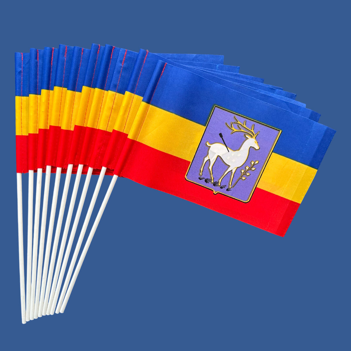 Комплект флажков Всевеликого Войска Донского "Елень" на палочке (10шт); размер 15х23 см; материал: полиэфирный шелк