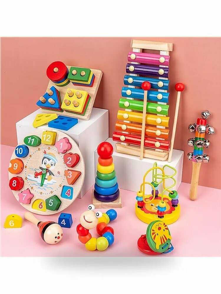Деревянный развивающий набор для детей 1-3 лет: пианино, часы, сортер, лабиринт, погремушка