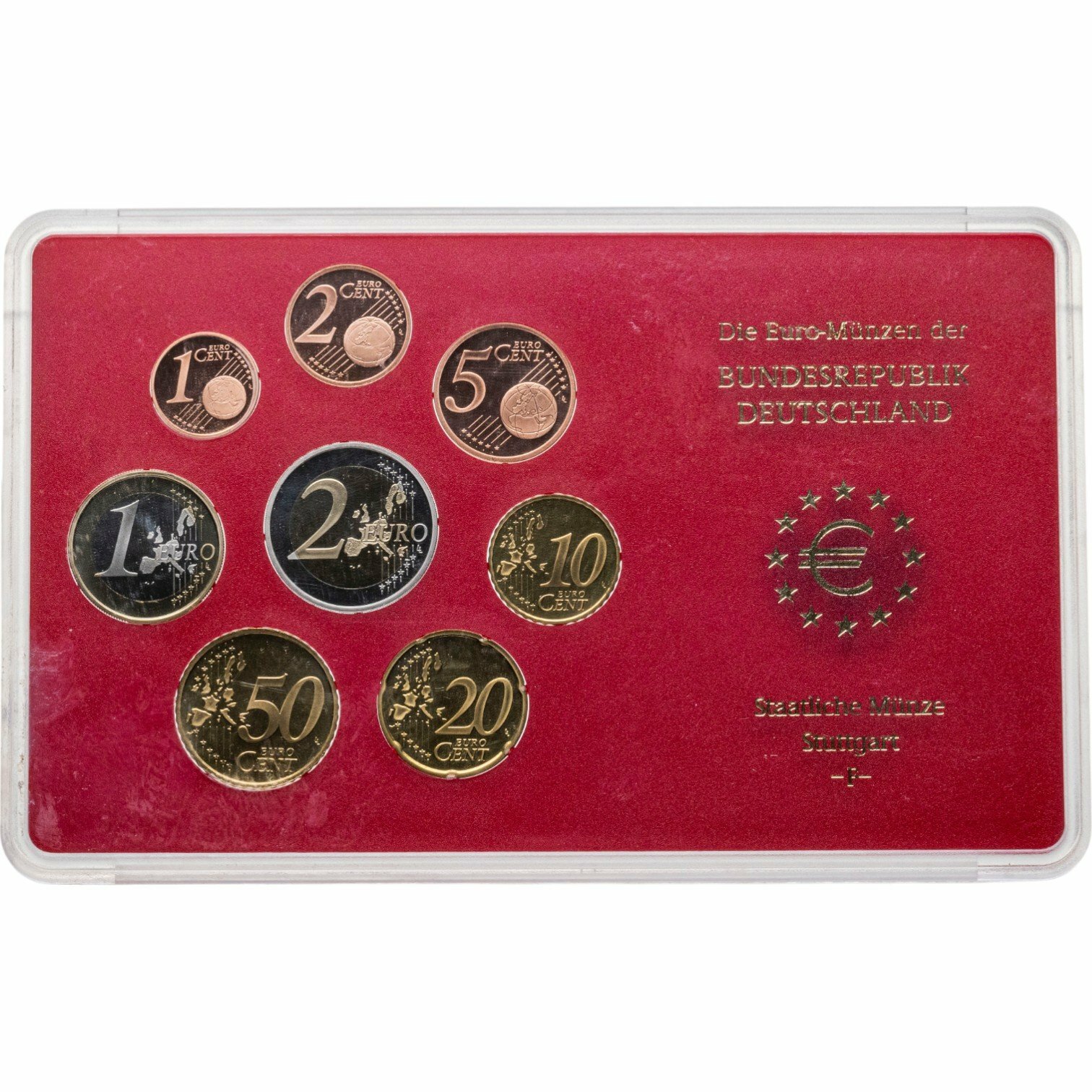 Германия, набор евро из 8-ми монет 2003, монетный двор F Штутгарт, в официальном пластике, Различные сплавы, в сохранности Proof