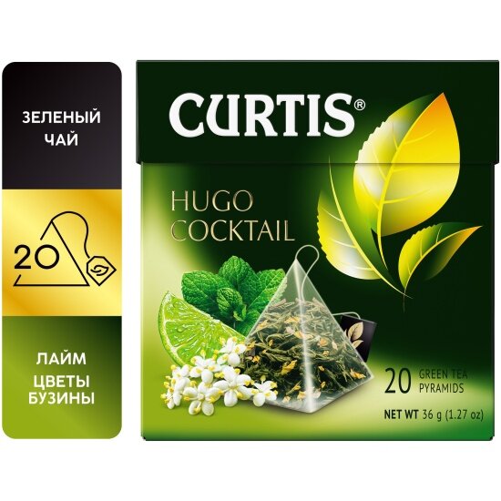 Чай зеленый Curtis "Hugo Cocktail" с цветочным вкусом мятой лаймом и ароматом цветов бузины среднелистовой 20 пирамидок