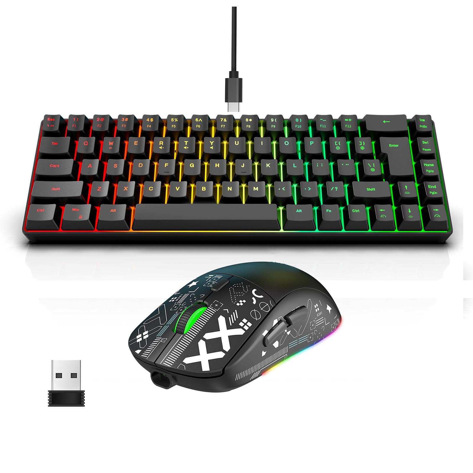 Клавиатура и мышиная комбинированная клавиатура K68 RGB Streater Mini Gaming Keyboard Membrane Keyboard и 2,4 г беспроводной механической RGB Gaming Mouse 3600DPI 11 режимов освещения RGB для игры