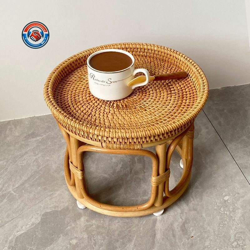 Журнальный столик из ротанга ручной плетеной работы, пасторальный стиль для гостиной и террасы, компактный прикроватный столик в природном ретро-шарме