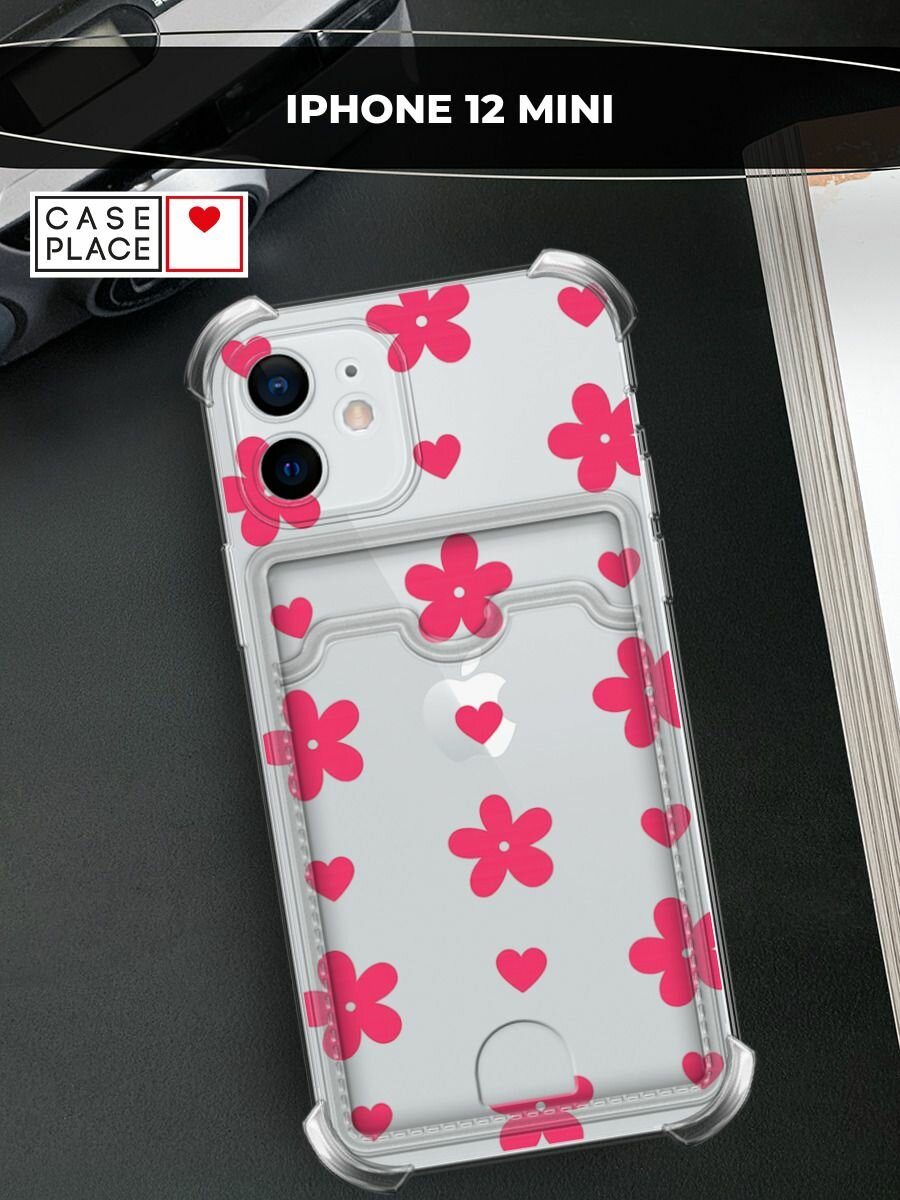 Чехол на Apple iPhone 12 mini (Айфон 12 Мини) с картой и принтом Ярко-розовые цветочки