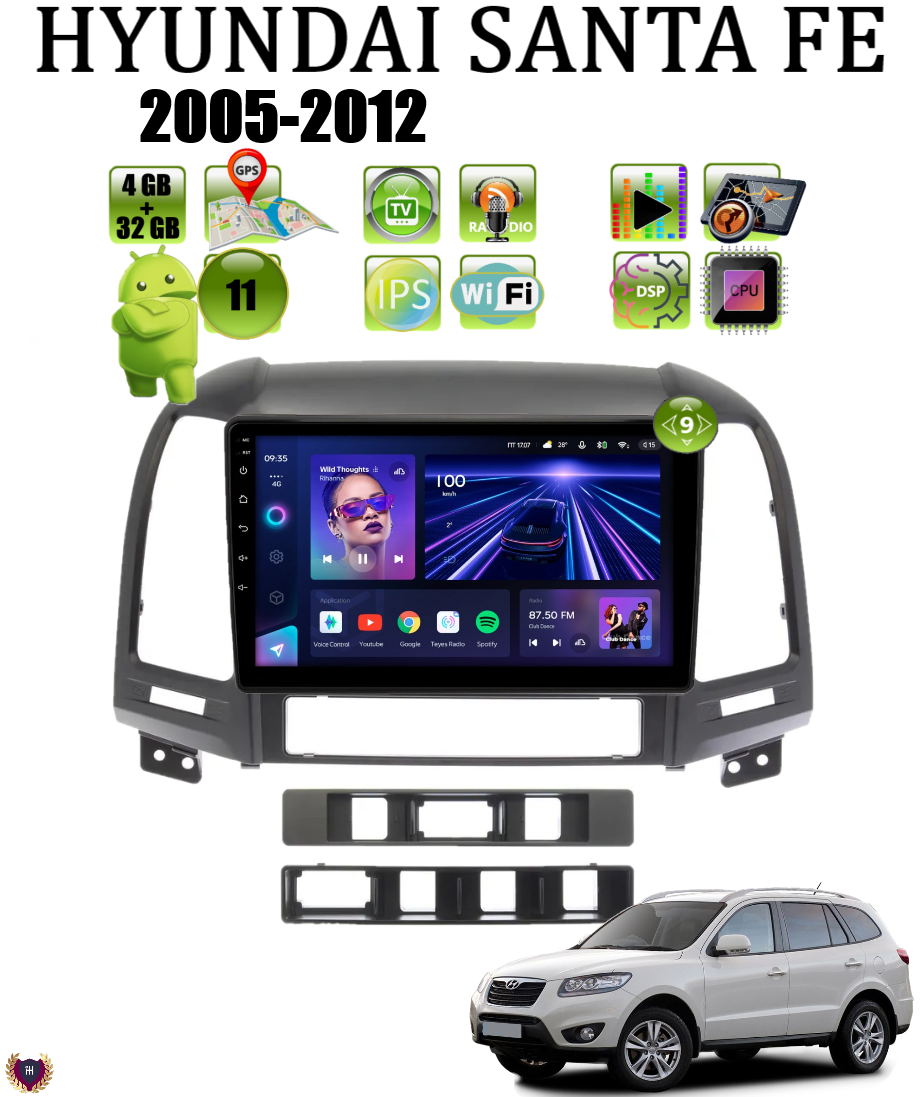 Автомагнитола для Hyundai Santa Fe 2 (2005-2012), Android 11, 4/32 GB, Bluetooth, WiFi, CarPlay, GPS, поддержка кнопок на руле