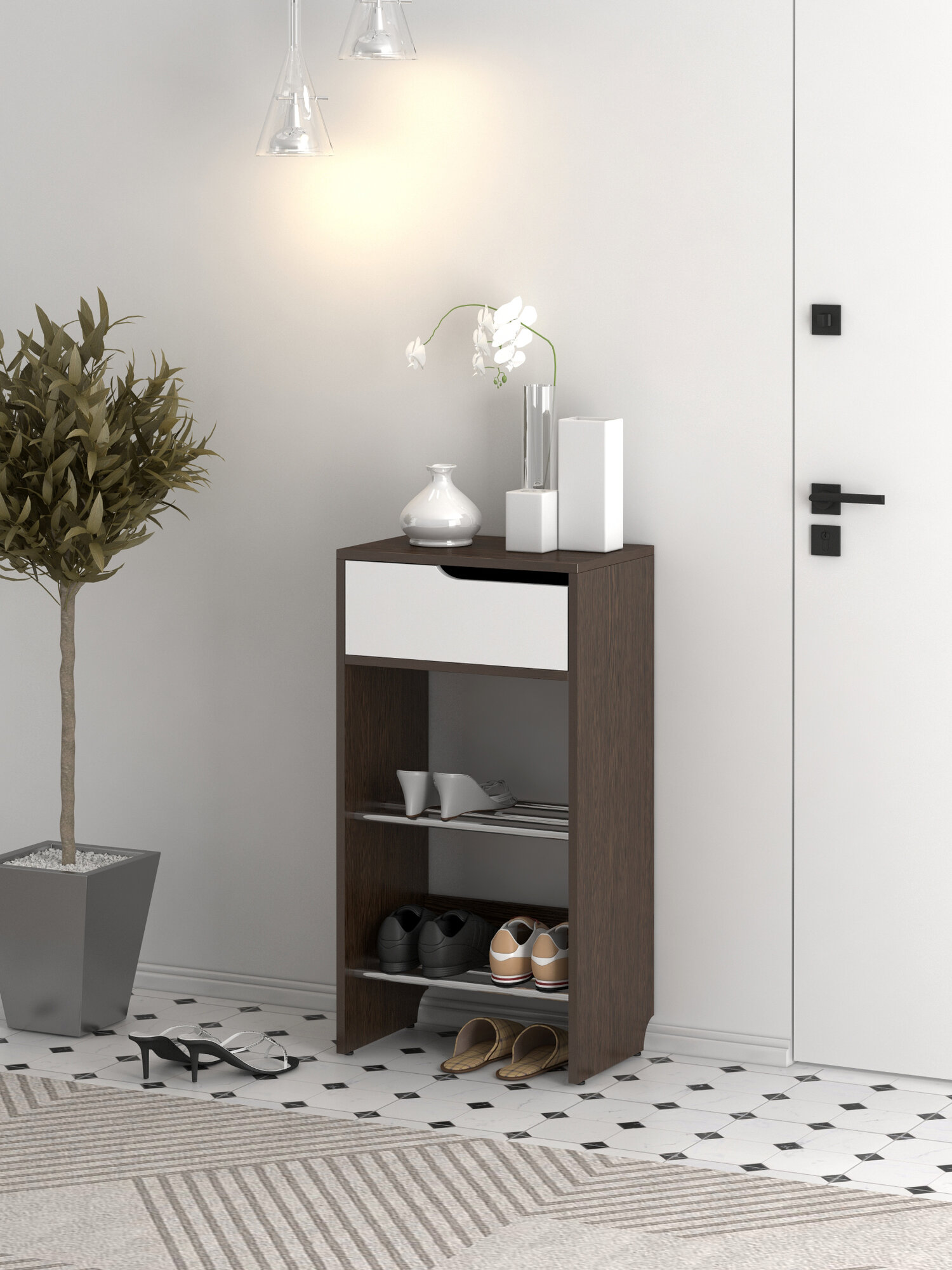 Открытая тумба для обуви Партнер Мебель с ящиком, 30х45х85 см венге/белый