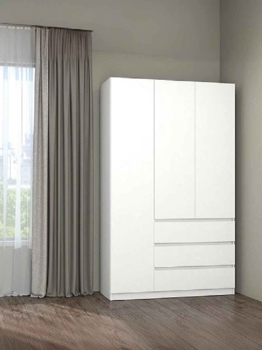 Шкаф распашной МС "Соната", ширина 120 см, ЦветБелый текстурный, трёхдверный, с полками, со штангой, с ящиками