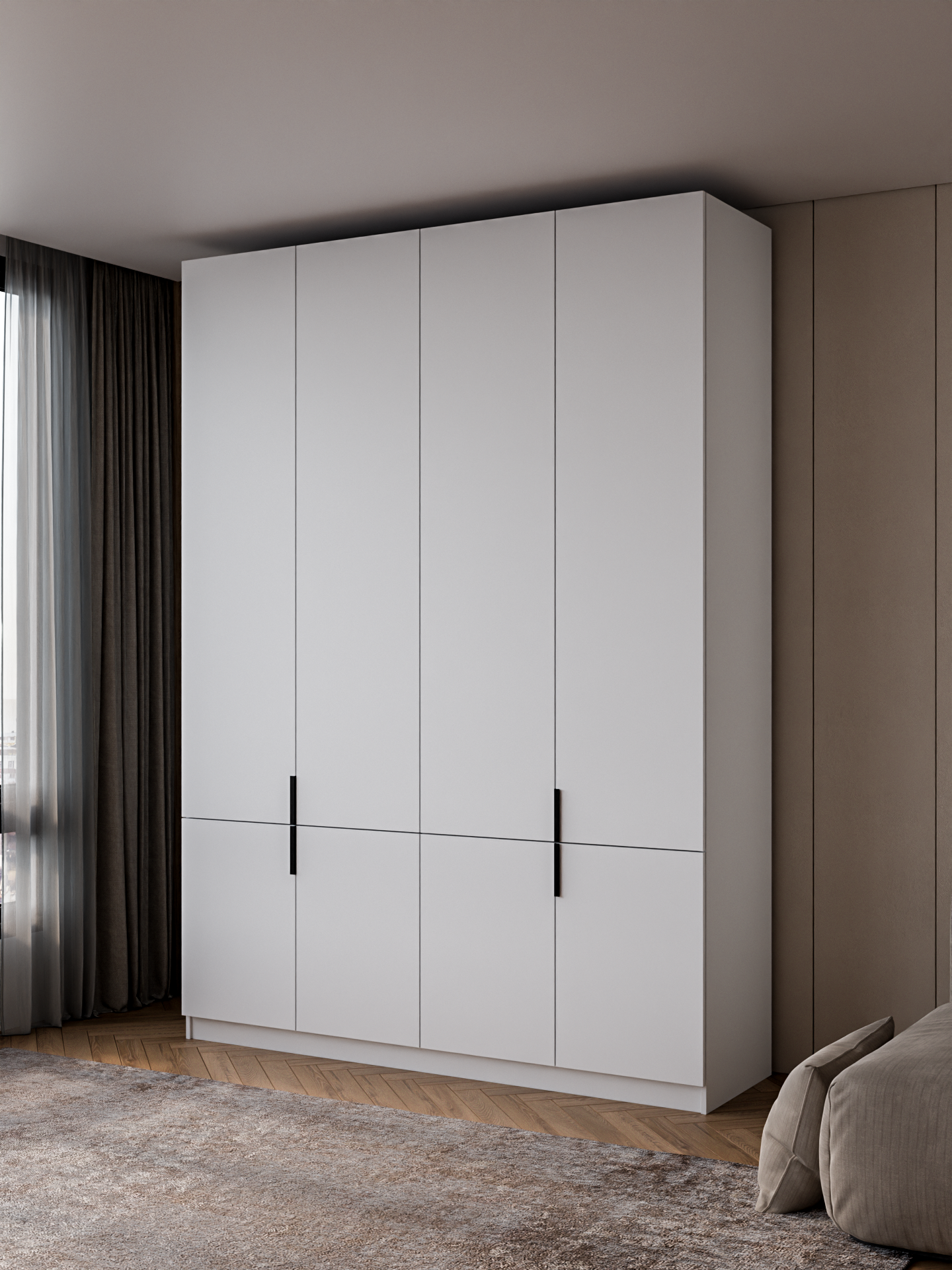 Шкаф распашной Софина | Корпус ЛДСП Белый | Фасад ЛДСП Белый | Ручка торцевая чёрная