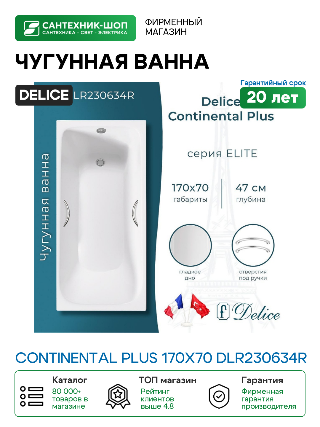 Чугунная ванна Delice Continental Plus 170x70 DLR230634R с отверстиями под ручки без антискользящего покрытия