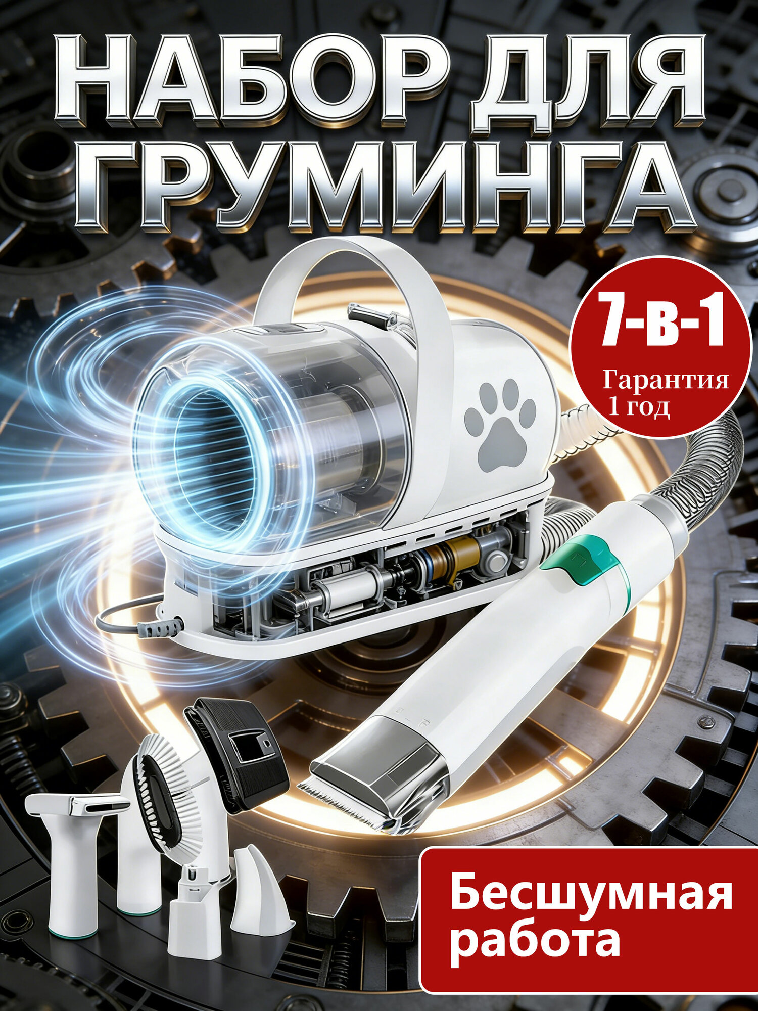 Машинка для стрижки собак с насадками, набор для груминга с пылесосом