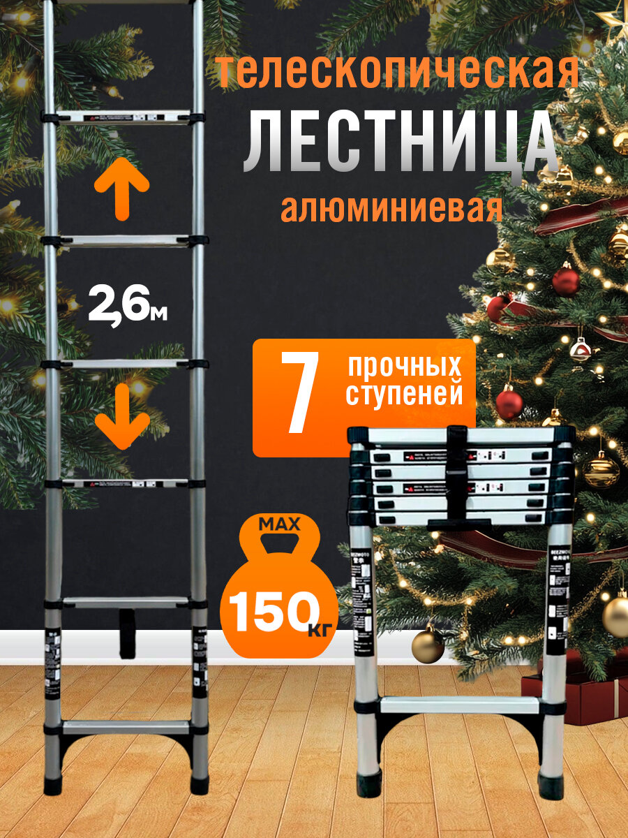 Лестница телескопическая, алюминиевая + чехол 2,6 м "BEEZMOTO"