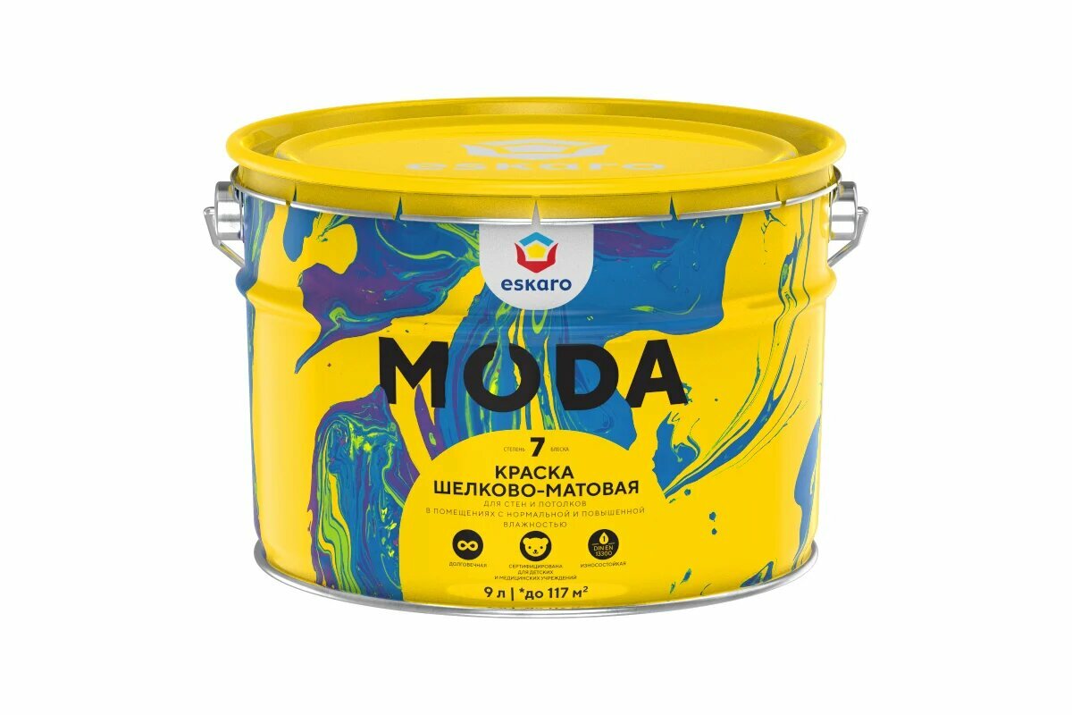 Краска ESKARO Moda 7 для потолков и стен, моющаяся, шелково-матовая, База TR (бесцветная) 9л