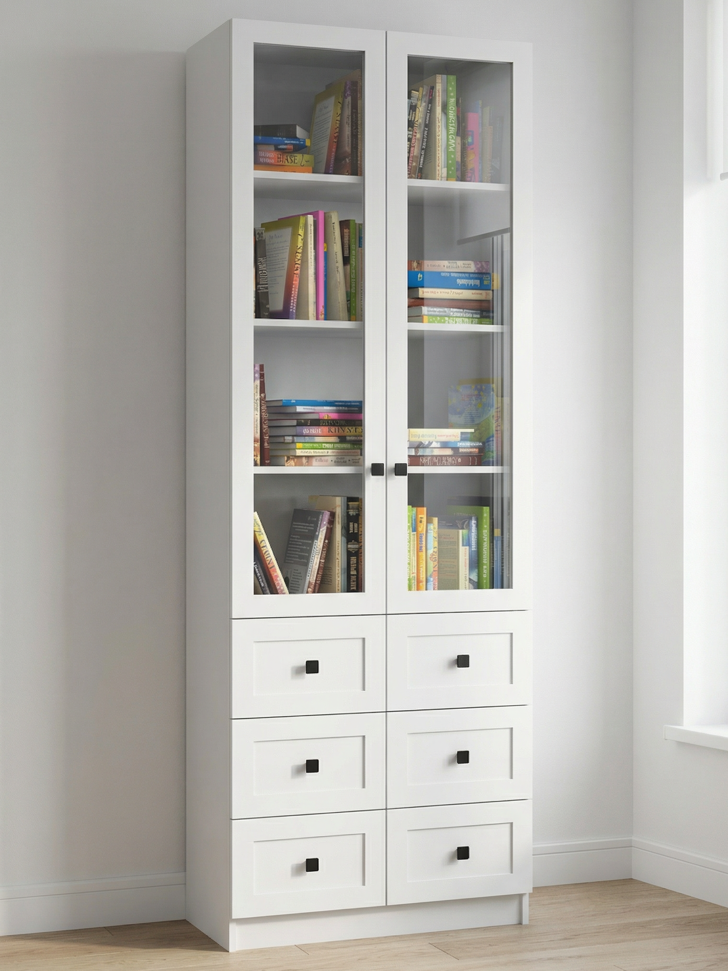 Шкаф книжный двухстворчатый Вита 2-5 с 6 ящиками, ШхГхВ: 68х38х210 см, белый