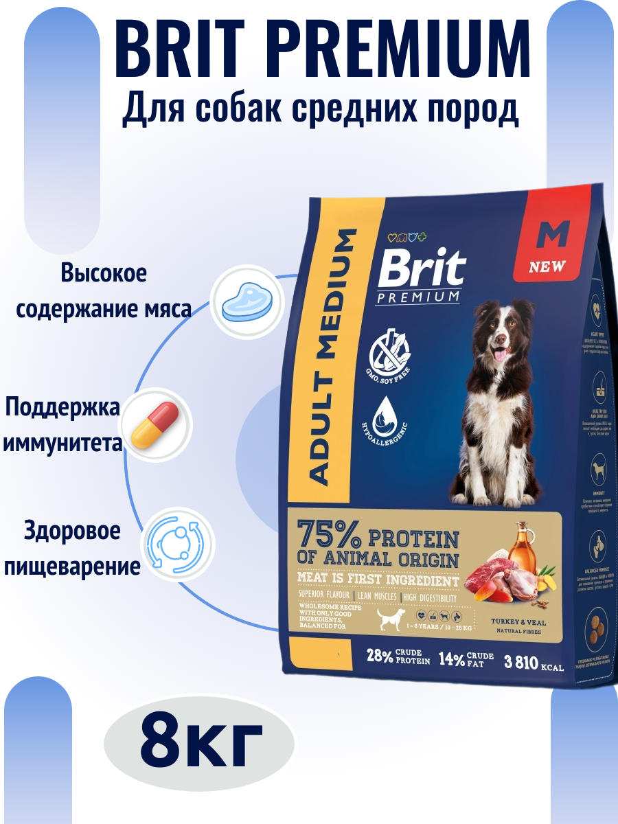 Корм Brit Premium Dog Adult Medium для собак средних пород с индейкой и телятиной 8 кг