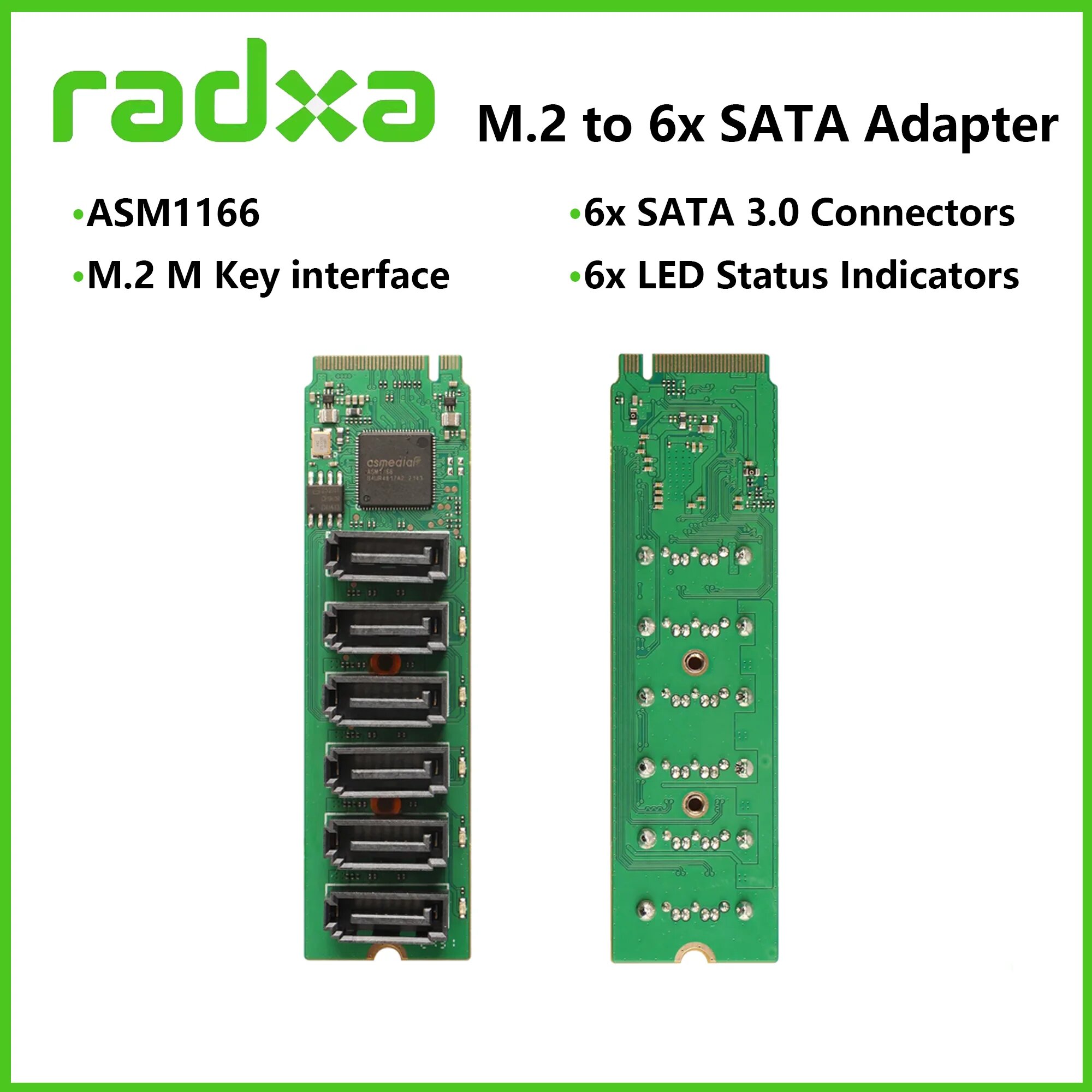 Адаптер Radxa M.2 на 6x SATA, 6 портов SATA Gen3 (6 Гбит/с), интерфейс ключа M.2 M